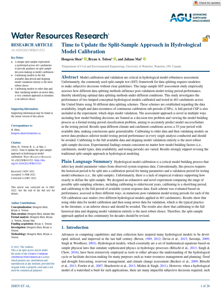 Water Resources Research - 2022 - Shen - Time to Update the Split‐Sample Approach in ...