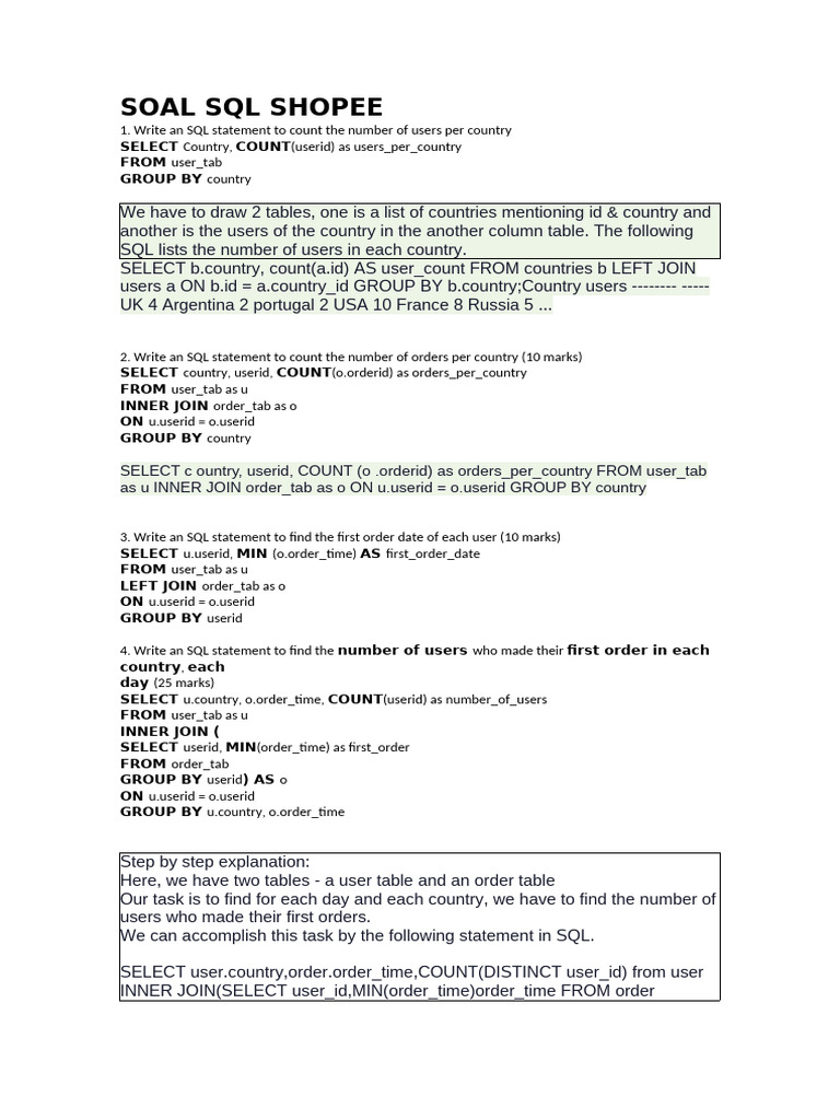 SQL Queries for User and Order Analysis | PDF | Computing | Programming ...