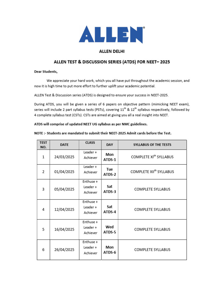 ATDS Schedule for NEET 2025 | PDF