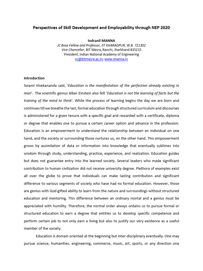 NEP 2020: Skill Development & Employability | PDF | Engineering | Science