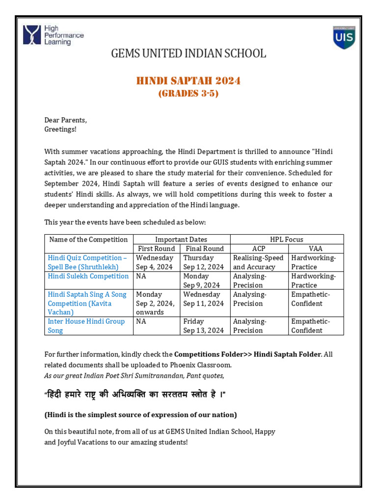 Parent Circular - Hindi Saptah Grades 3-5 | PDF | Linguistics