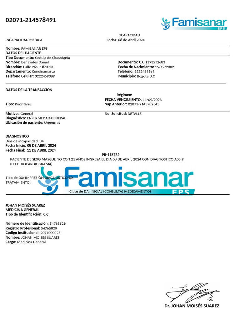 Incapacidad Médica de Daniel Benavides | PDF