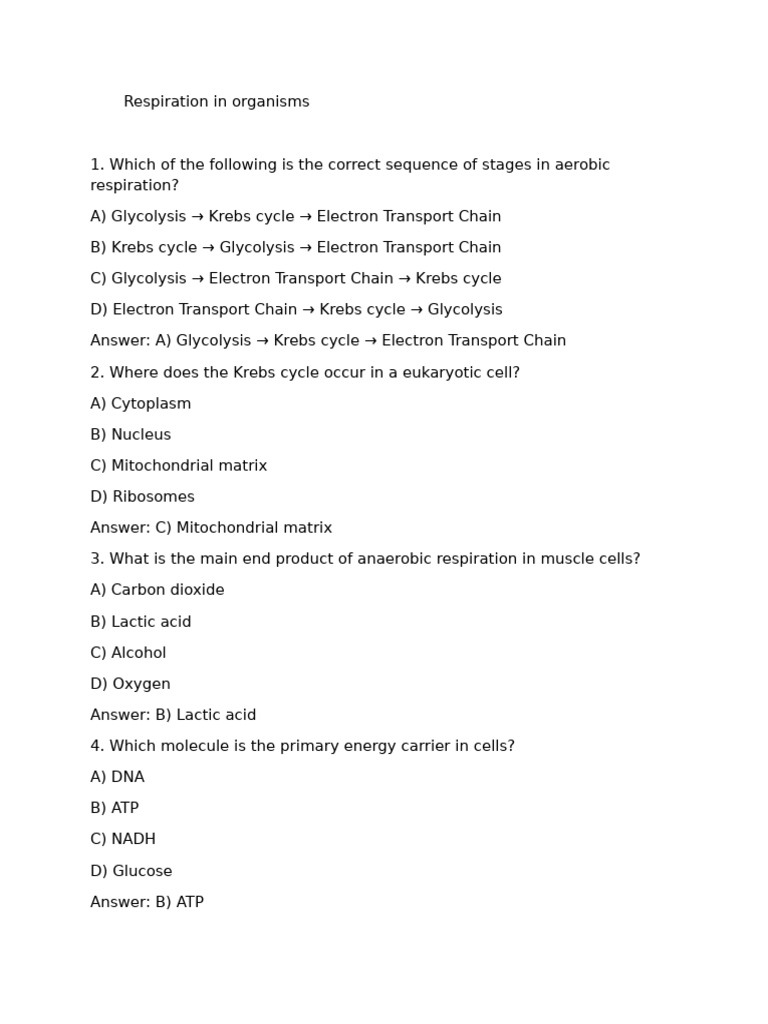 respiration mcq question | PDF | Cellular Respiration | Adenosine ...
