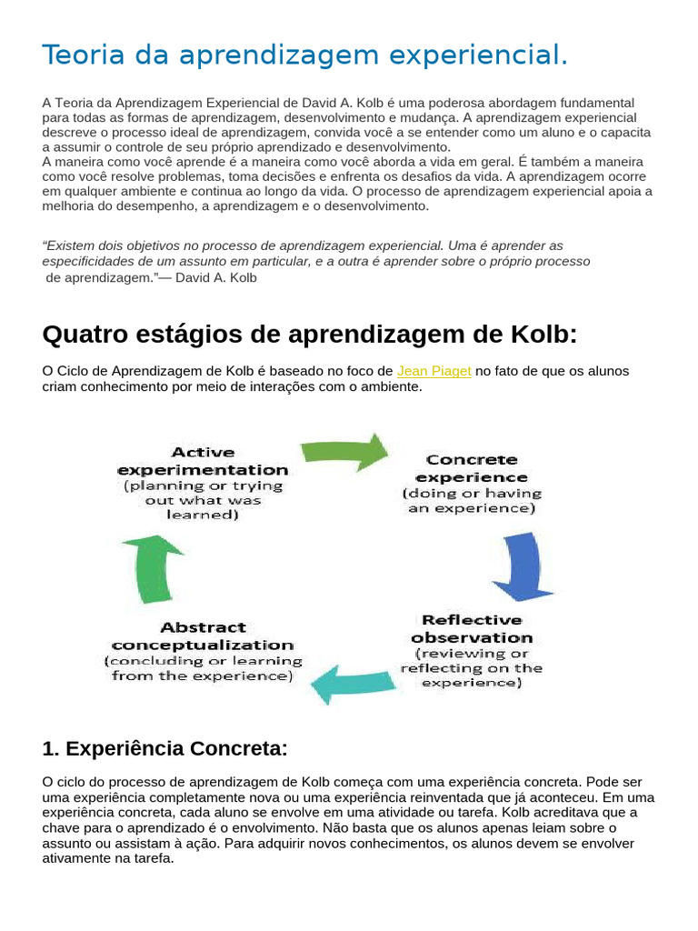 Teoria da Aprendizagem Experiencial de Kolb | PDF | Aprendizado | Experiência