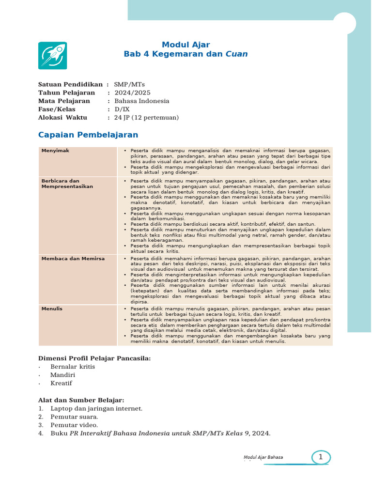 Modul Ajar PR BINDO 9 Bab 4 | PDF