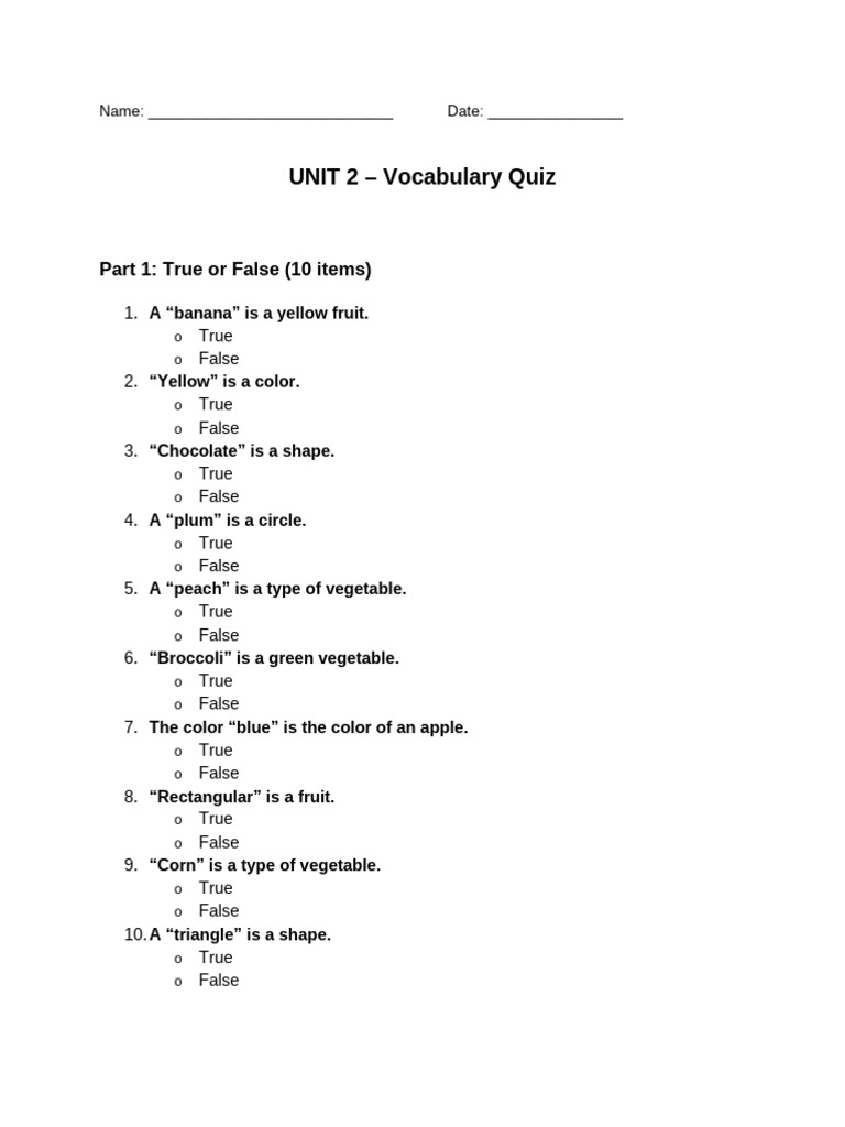 Vocabulary Quiz: True/False & MCQ | PDF