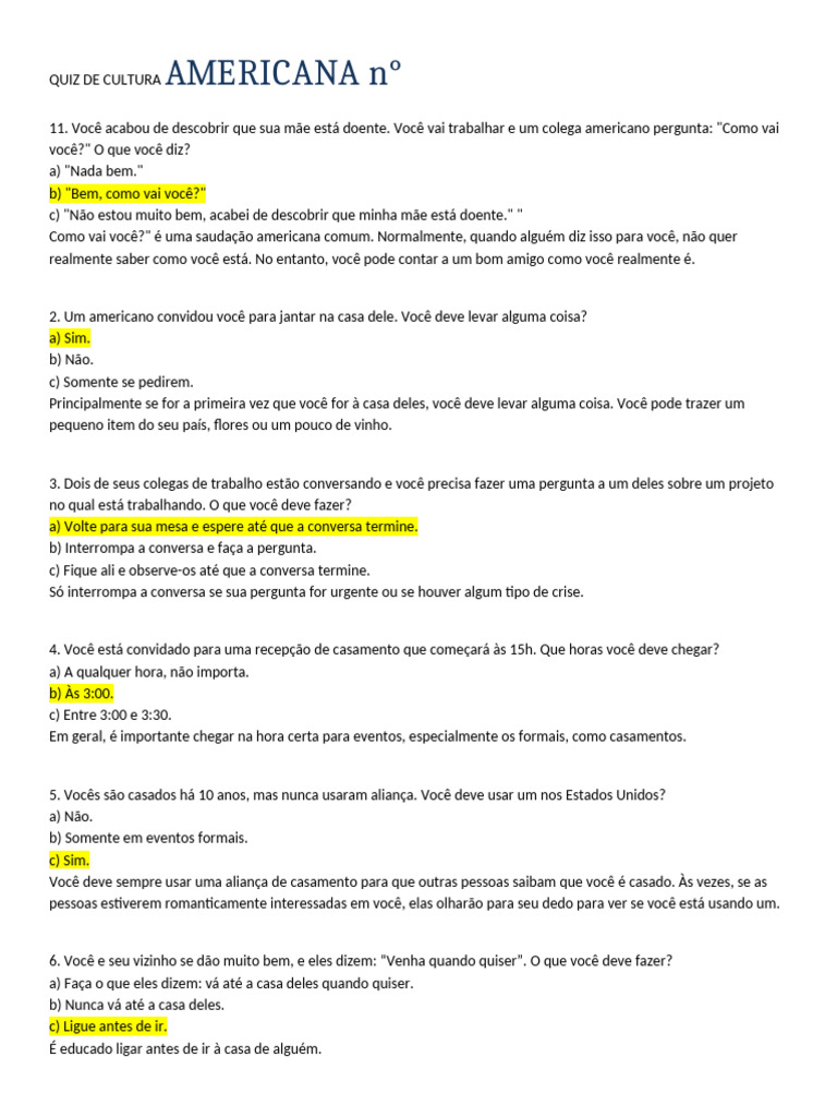 Quiz de Cultura Americana: Teste Seus Conhecimentos | PDF | Os Estados ...