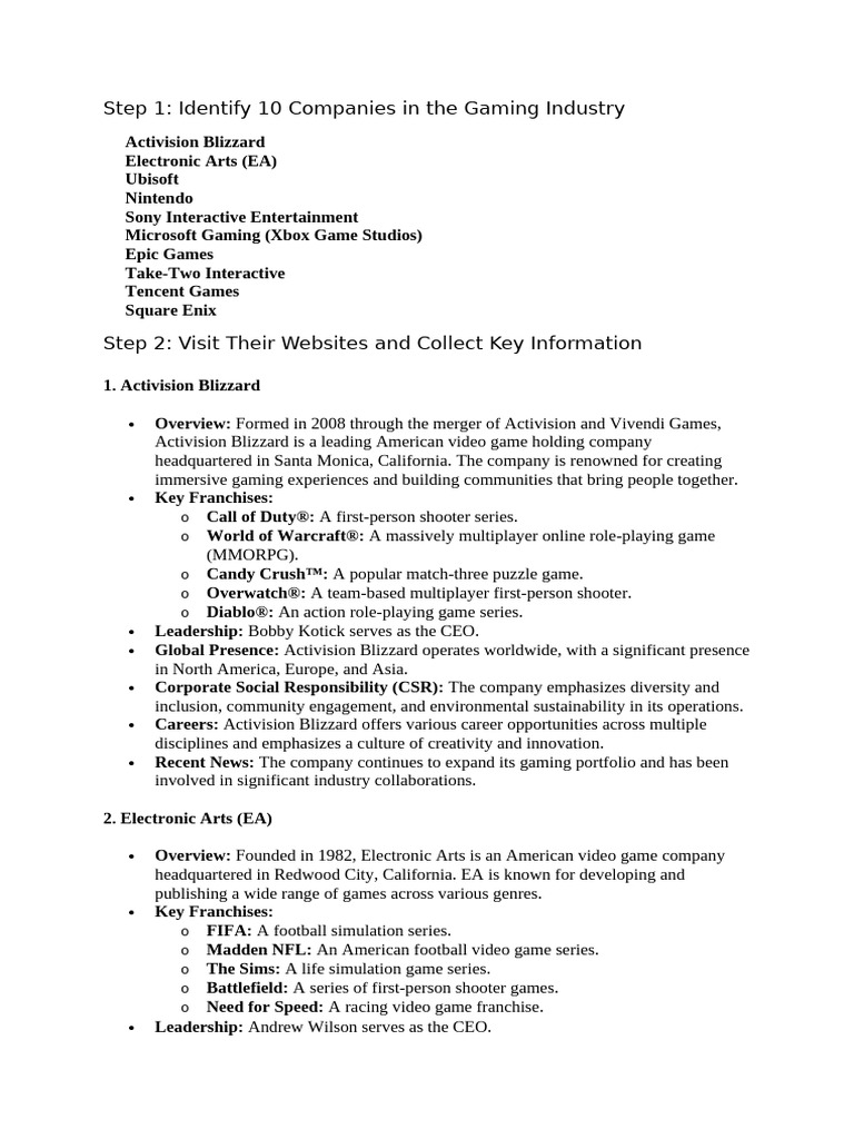 Step 1: Identify 10 Companies in The Gaming Industry: o o o o o | PDF ...