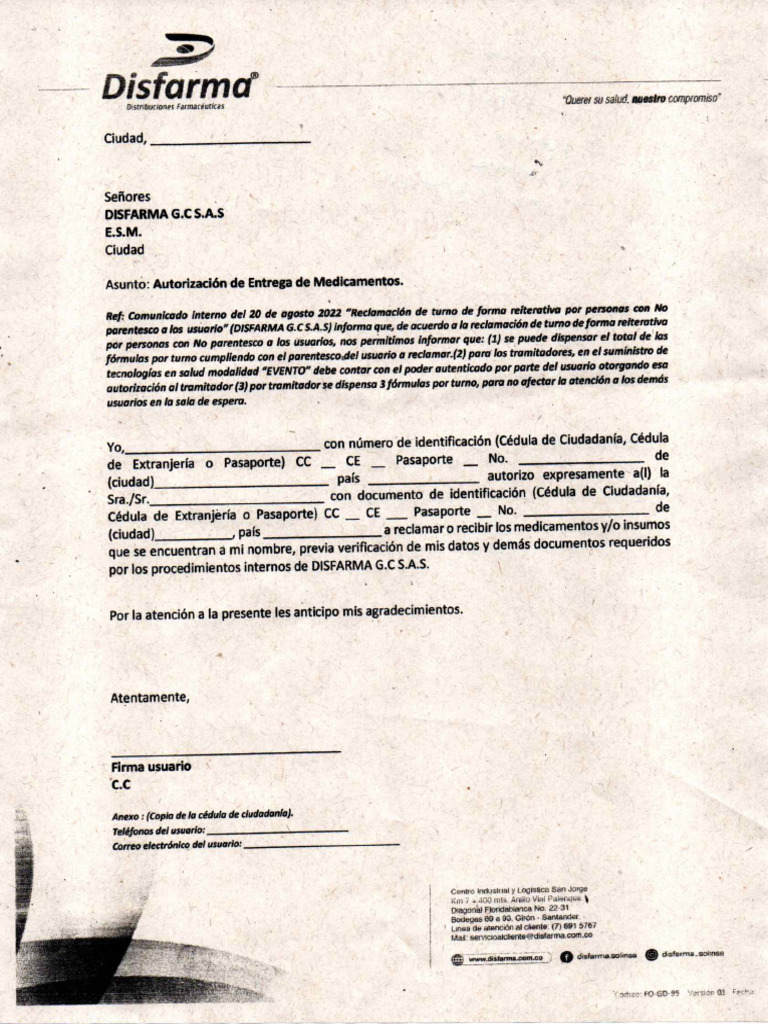 Autorización Disfarma para Entrega de Medicamentos | PDF