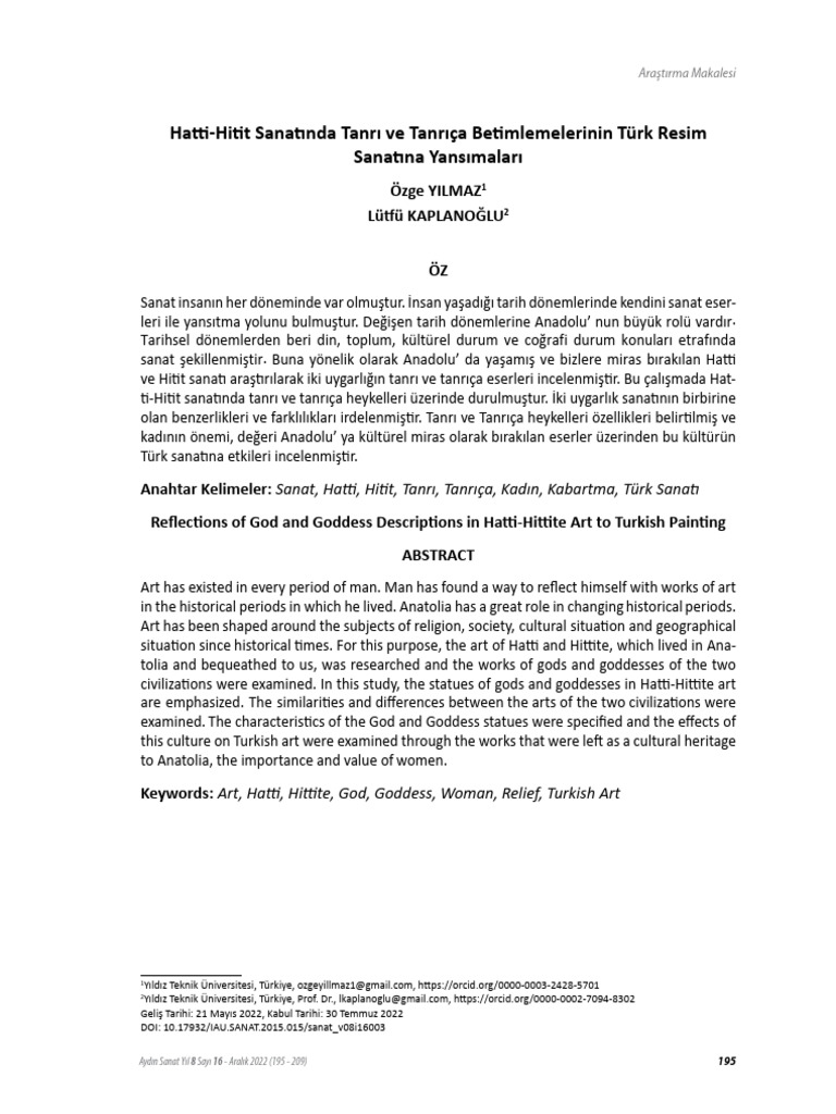Hatti-Hitit Sanat Nda Tanr Ve Tanr a Betimlemelerinin T Rk Resim Sanat Na Yans Malar [#1119553 ...