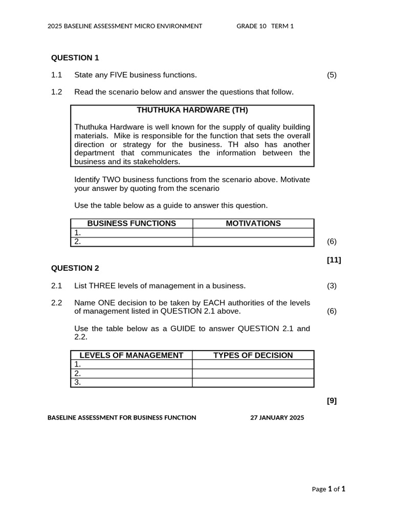 2025 Baseline Assessment For BUSINESS FUNCTIONS Grade 10 Term 1 | PDF