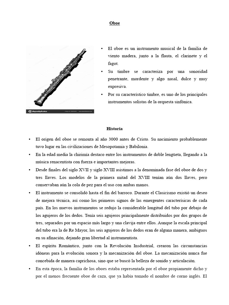 Historia y características del oboe | PDF | Oboe | Instrumentos musicales