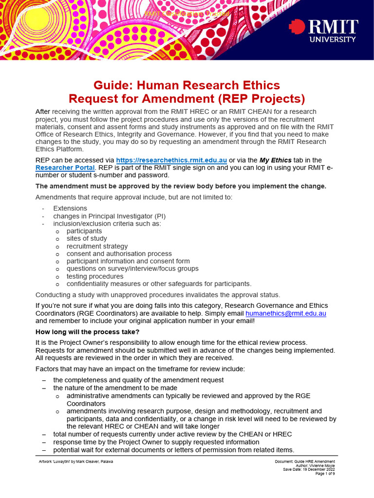 HRE Guide - Human Research Ethics Amendments (REP Projects) | PDF