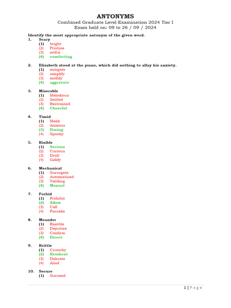 Antonyms for Exam Preparation 2024 | PDF