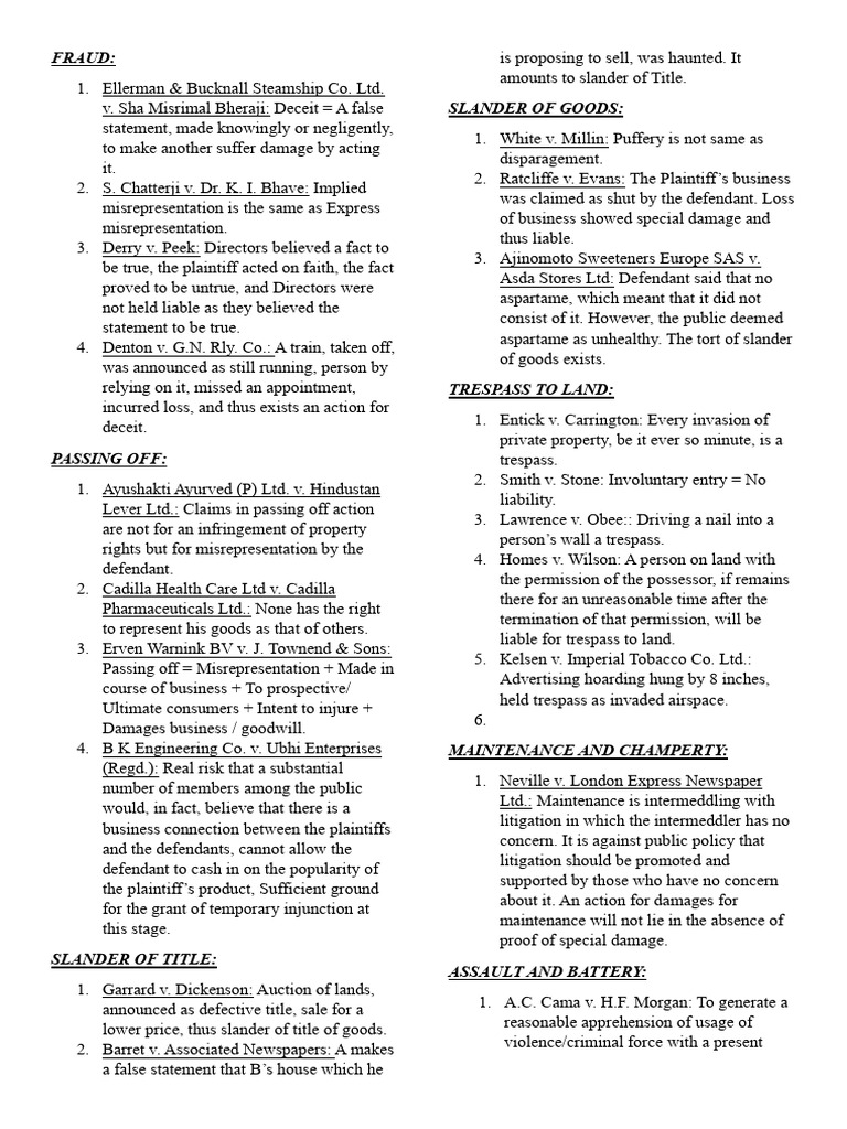CASES torts | PDF | Trespass | Misrepresentation