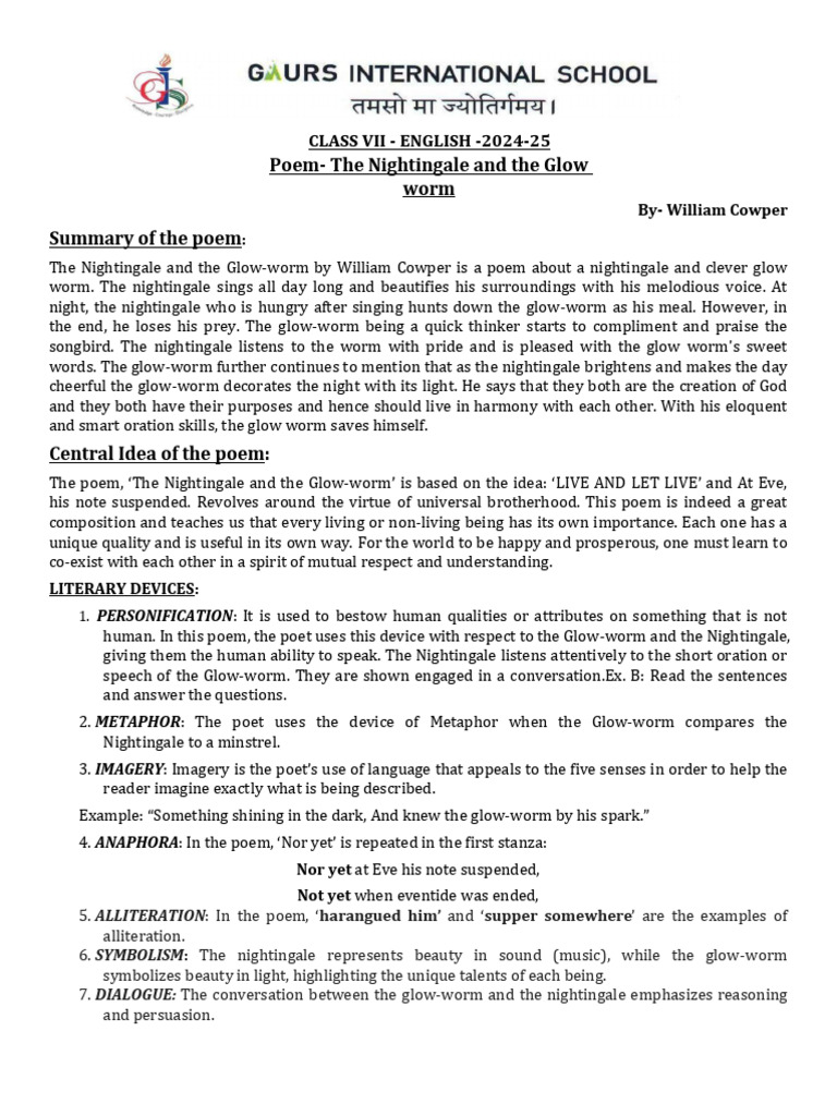 Class 7 Poem The Nightingale and The Glow Worm | PDF | Poetry