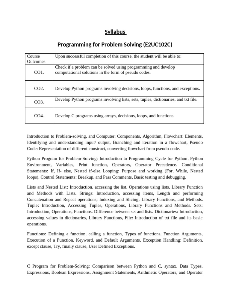 Syllabus Programming For Problem Solving Pdf Control Flow Parameter Computer Programming 1262