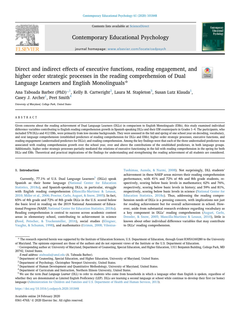 Taboadabarber 2020 | PDF | Reading Comprehension | Executive Functions