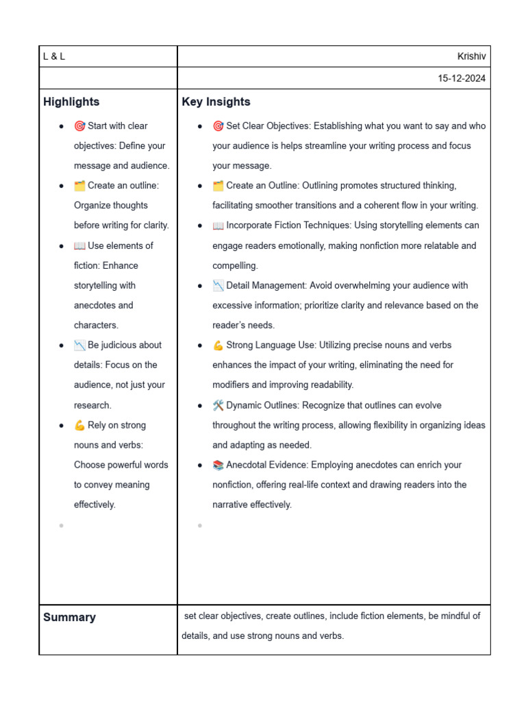 Cornell Notes L & L - Nonfiction Writing | PDF