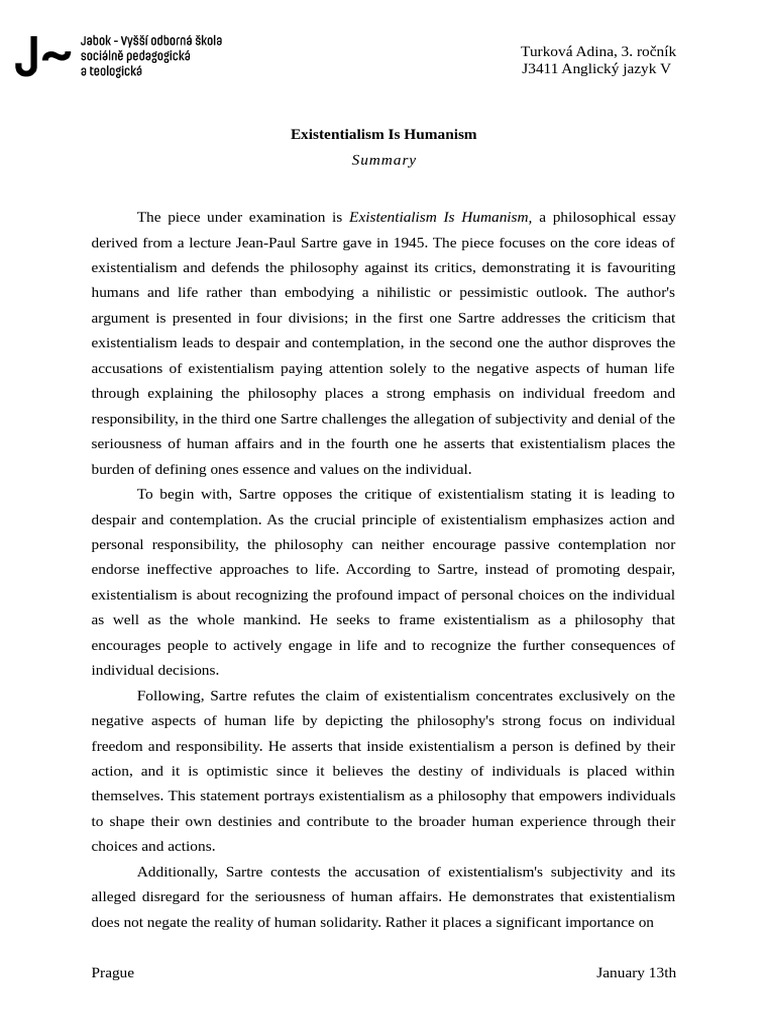 Sartre's Existentialism: A Humanistic Defense | PDF | Existentialism | Humanism