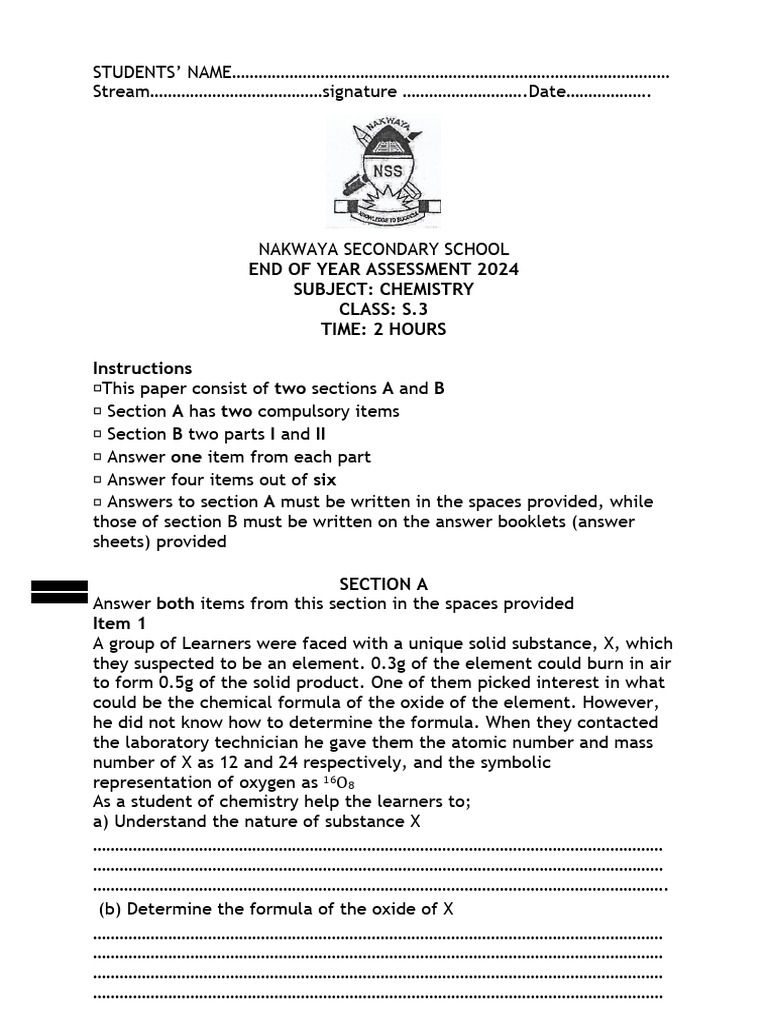 s.3 Eot 2024 | PDF | Chemical Substances | Chemical Elements