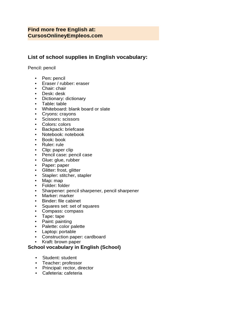 School Supplies Vocabulary List | PDF