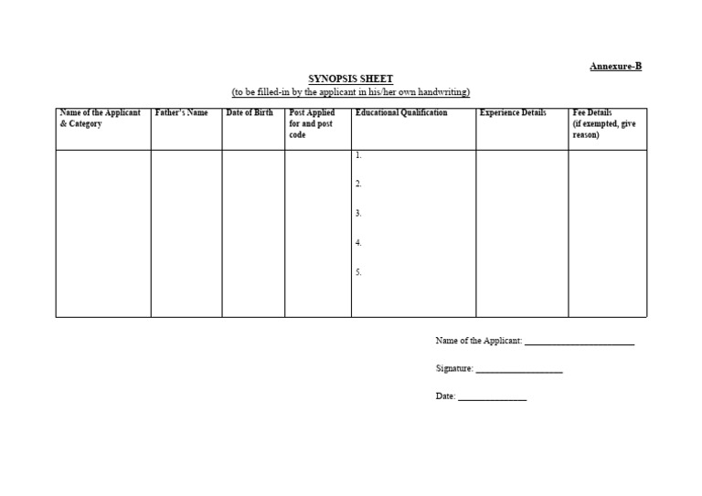 Applicant Synopsis Sheet Template | PDF