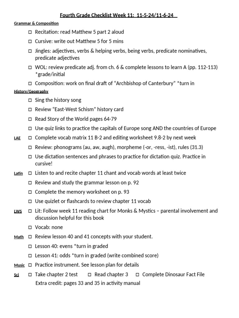 Fourth Grade Checklist 11-4-24 | PDF | Predicate (Grammar) | Syntax