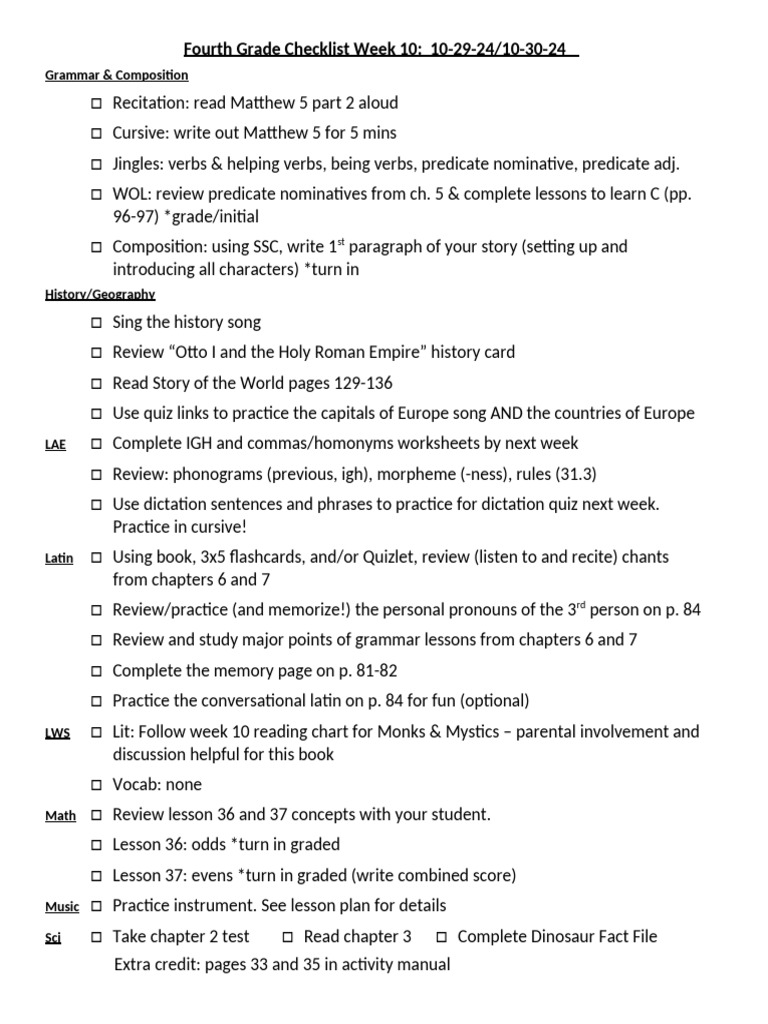Fourth Grade Checklist 10-28-24 | PDF | Syntax | Grammar