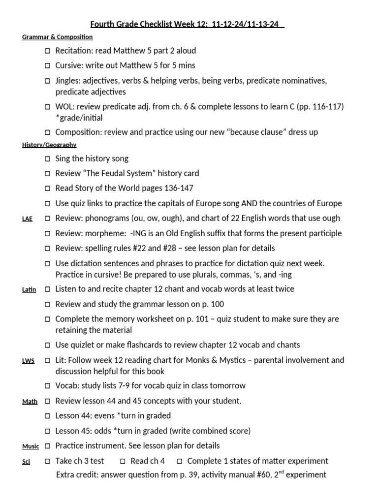 Fourth Grade Week 12 Checklist | PDF | English Language | Verb