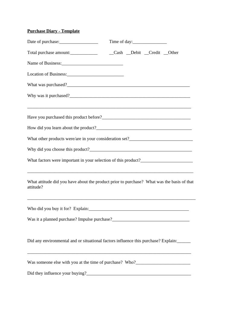 Purchase Diary Template | PDF
