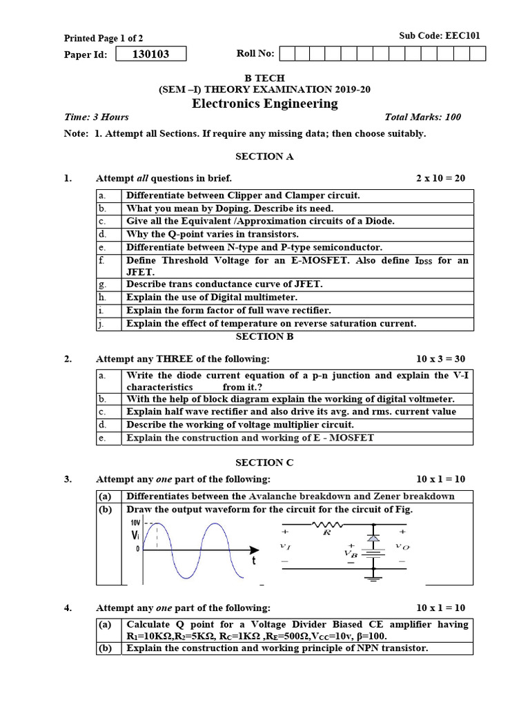 Btech 1 Sem Electronics Engineering Eec101 2020 | PDF | P–N Junction | Diode