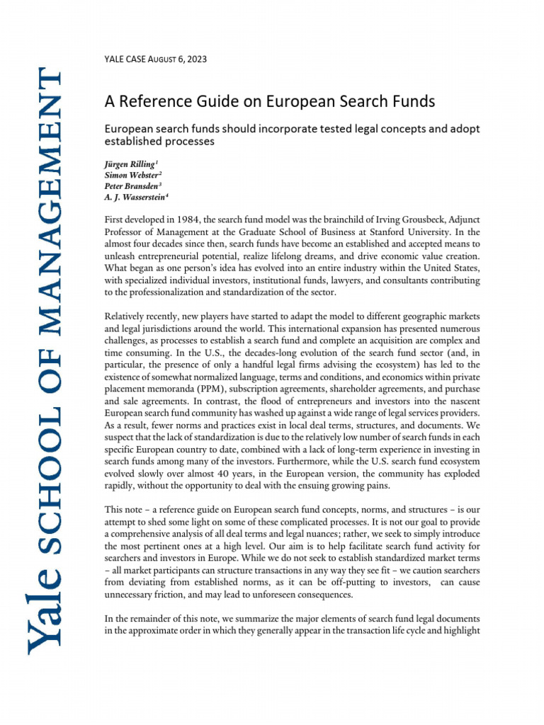 A Reference Guide On European Search Funds | PDF | Mergers And ...