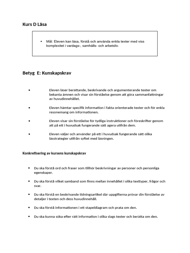 Kunskapskrav Kurs D Läsa | PDF