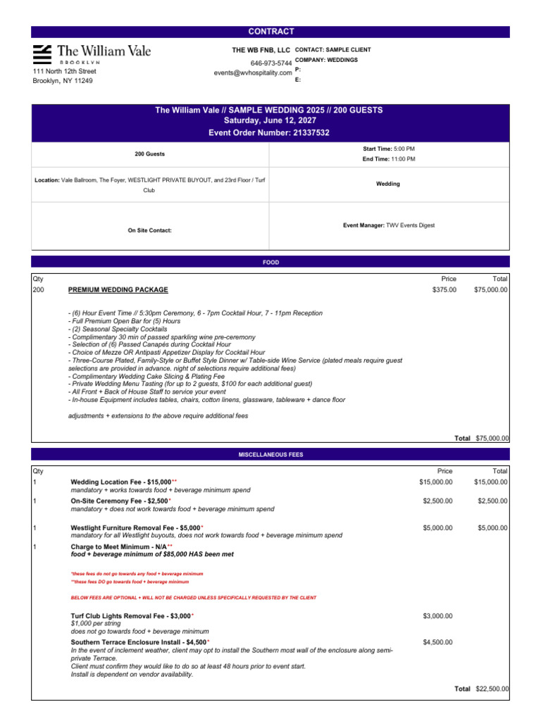 SAMPLE BEO X The William Vale (200 Guests) | PDF | Fee | Payments