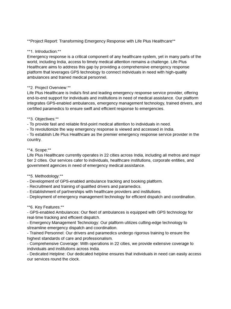 Project Report For Life Plus PDF | PDF | Health Care | Paramedic