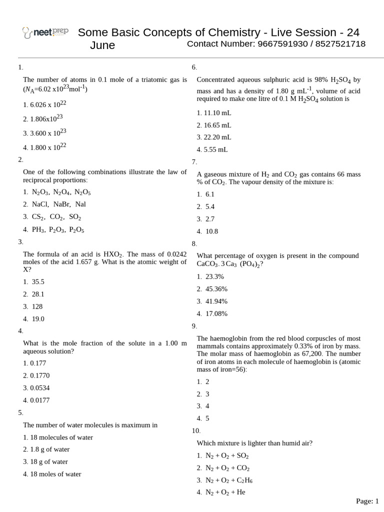 Chemistry Concepts and Calculations Quiz | PDF | Mole (Unit) | Gases