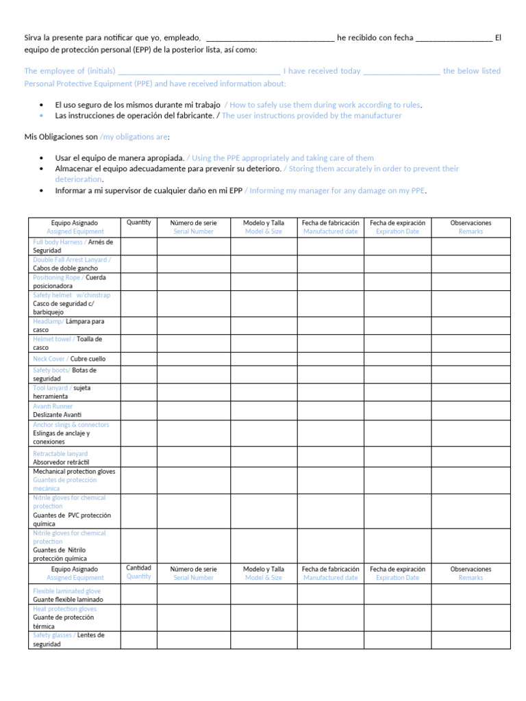 Formato Asignacion EPP - PPE Assigment Form | PDF | Equipo de ...