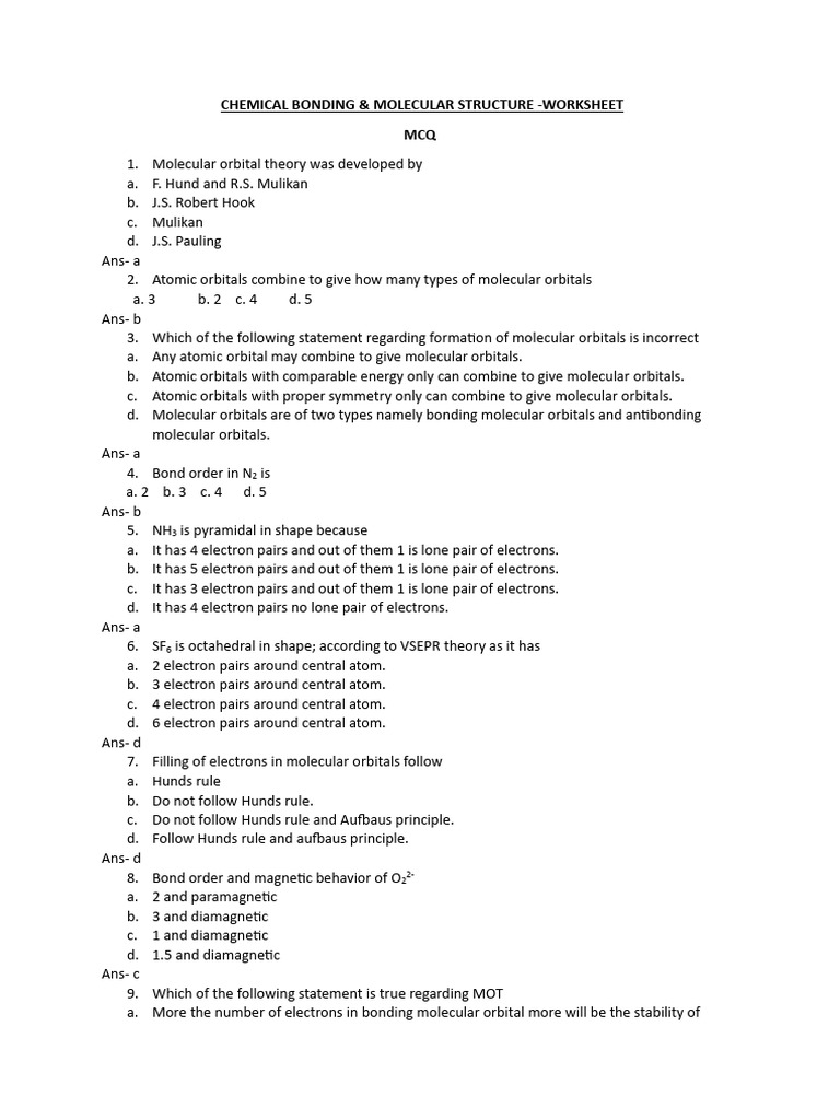 CHEMICAL BONDING Worksheet | PDF | Molecular Orbital | Chemical Bond