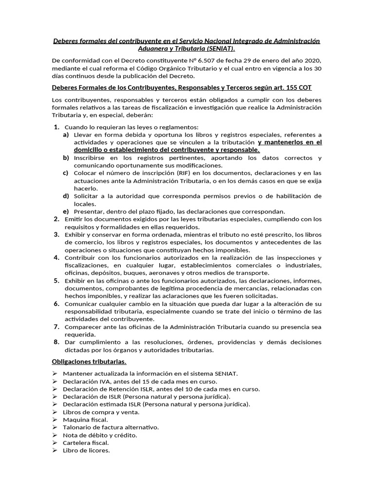 Obligaciones Tributarias (Seniat) | PDF | Multa (pena) | Contabilidad