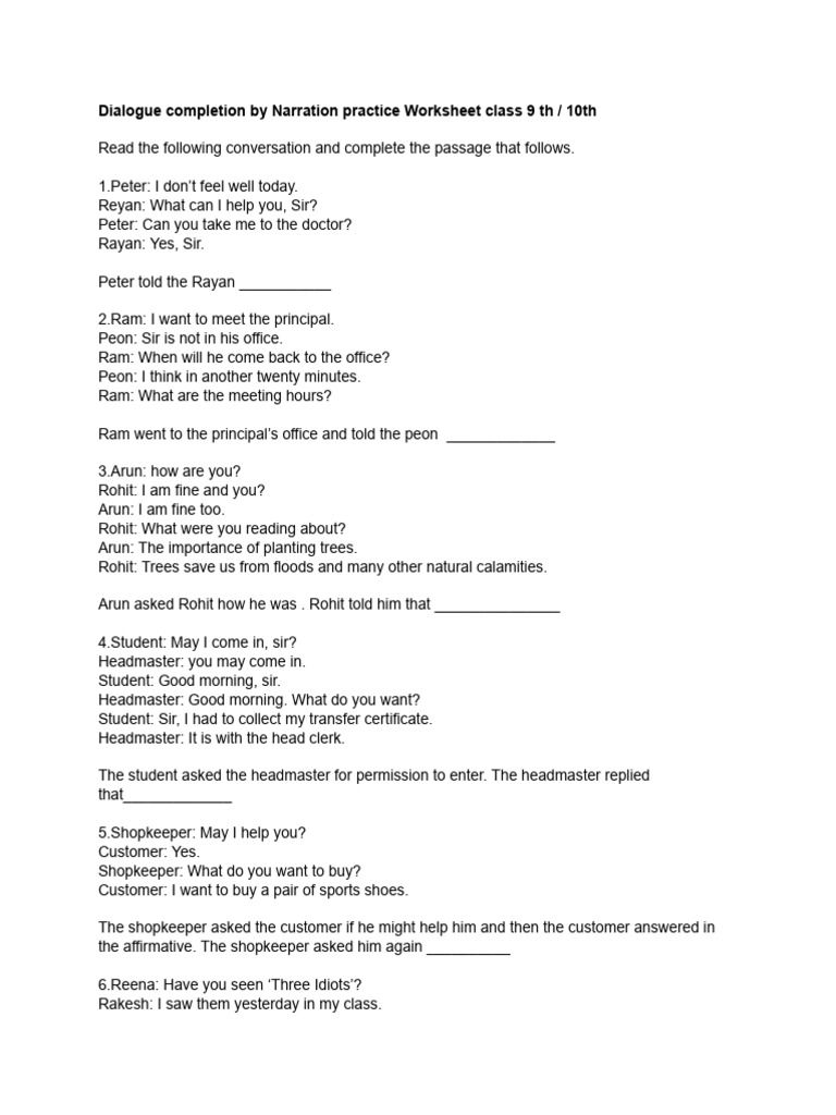 Dialogue Completion by Narration Practice Worksheet Class 9 TH - 10th | PDF