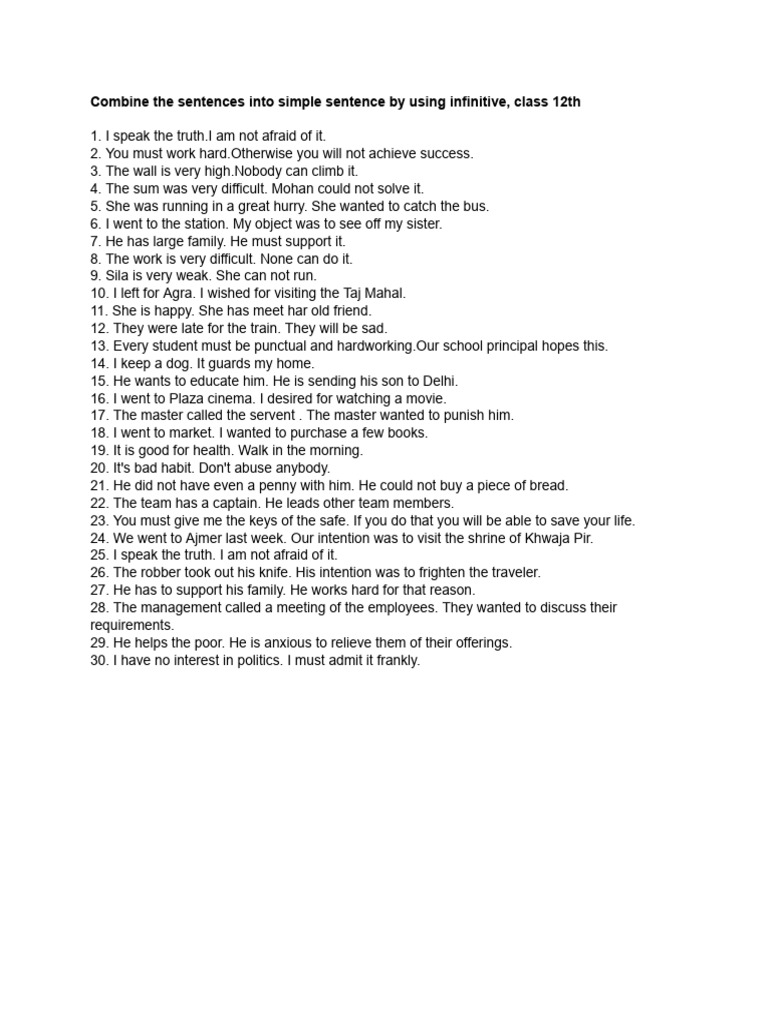 Combine The Sentences Into Simple Sentence by Using Infinitive, Class ...
