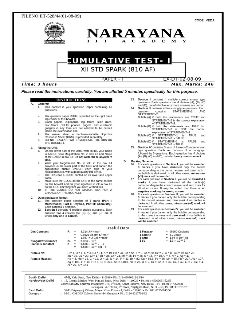 IIT Cumulative Test I XII STD Paper I | PDF