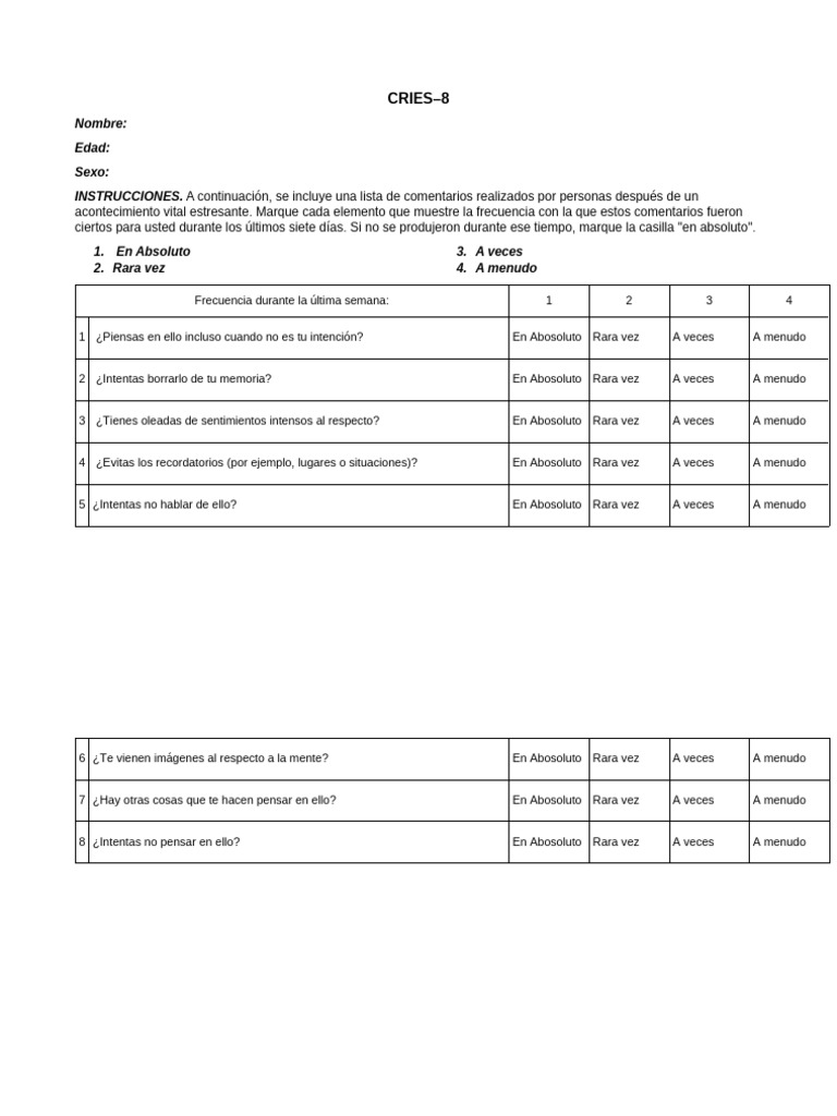 Cuestionario CRIES-8 sobre Estrés | PDF