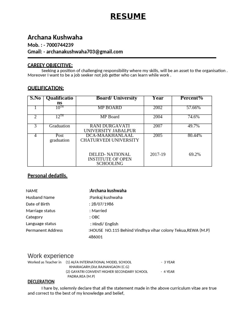 Archana Kushwaha CV | PDF
