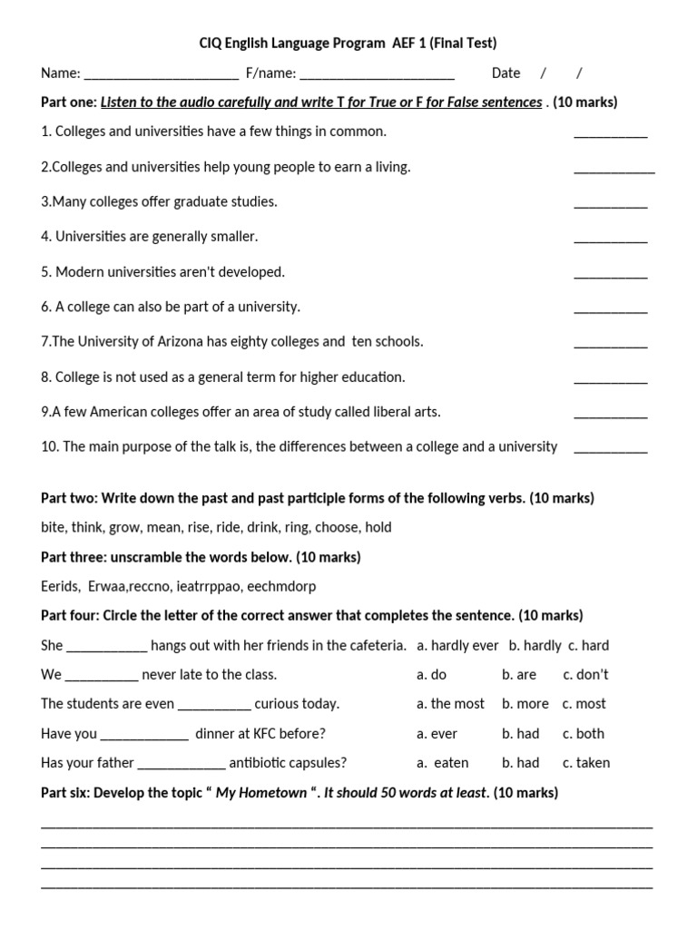 CIQ English Program American File 1 Final Test For Omar | PDF ...