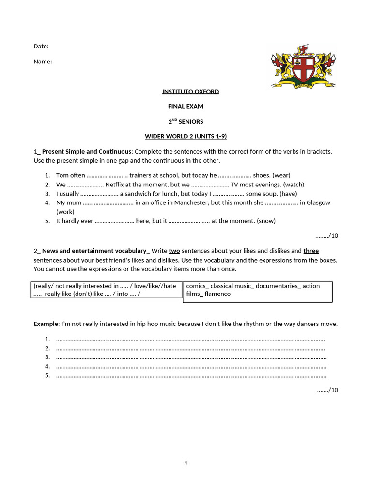 2nd Seniors-Wider World-Final Exam | PDF | Linguistics | Grammar