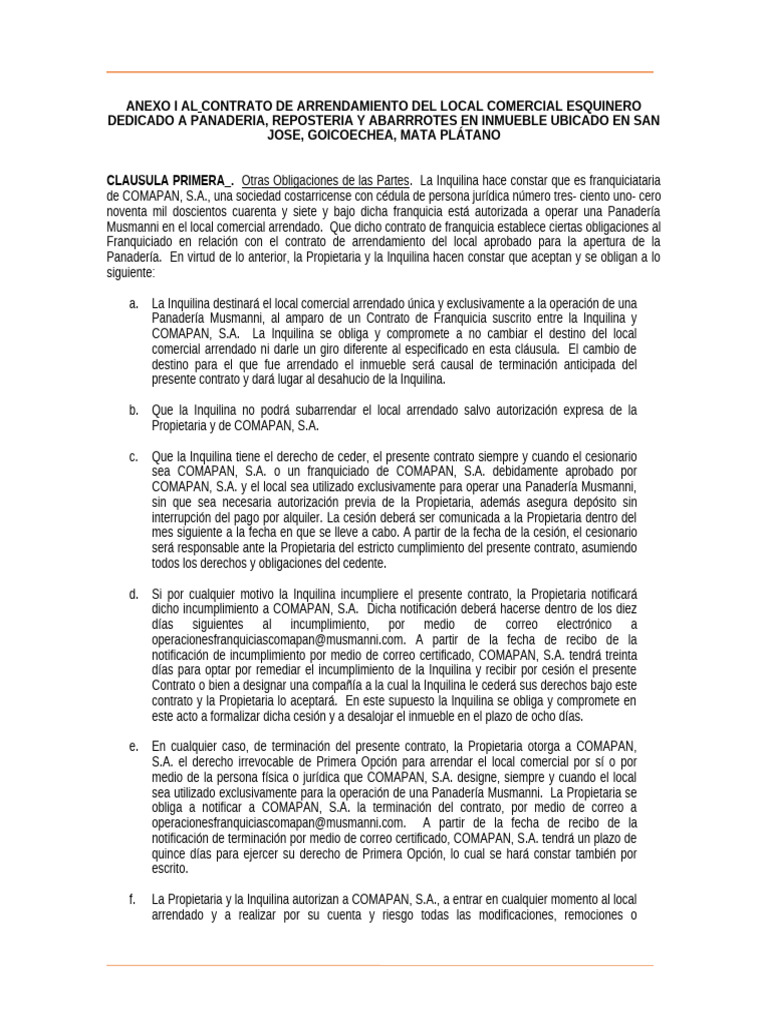 Arrendamiento Panadería Musmanni en Goicoechea | PDF
