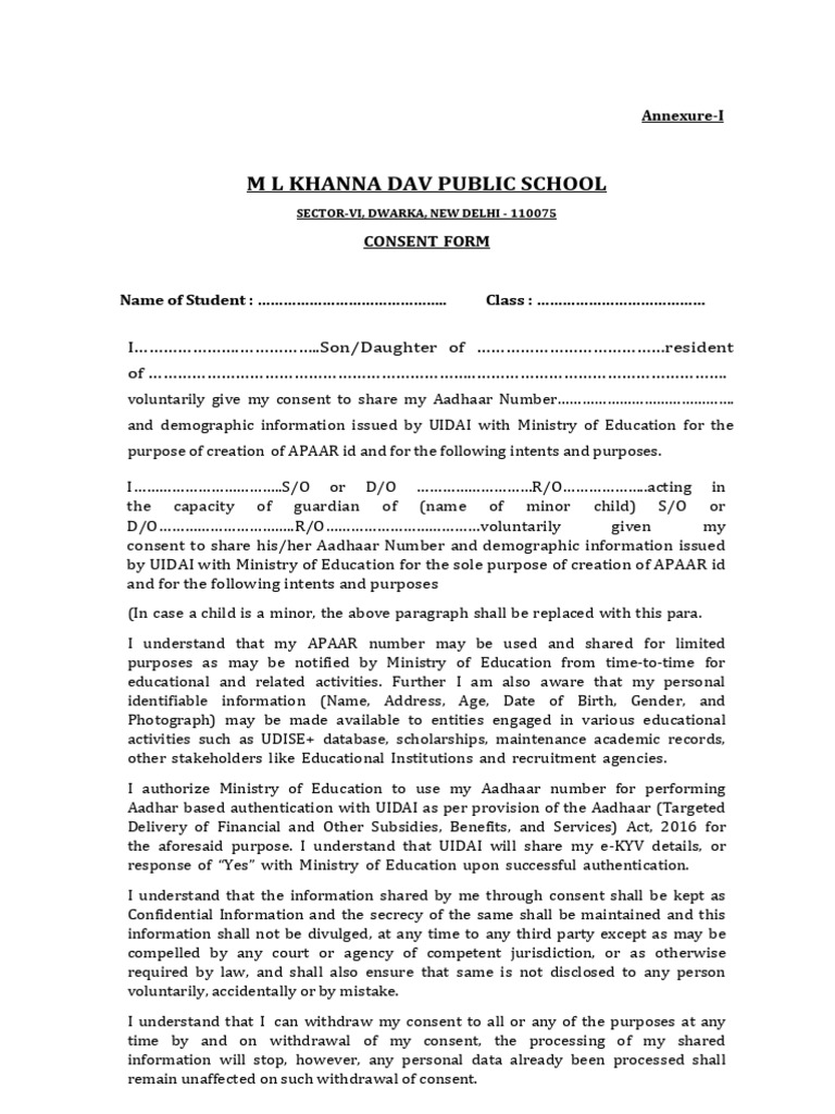 Consent Form For APAAR ID | PDF