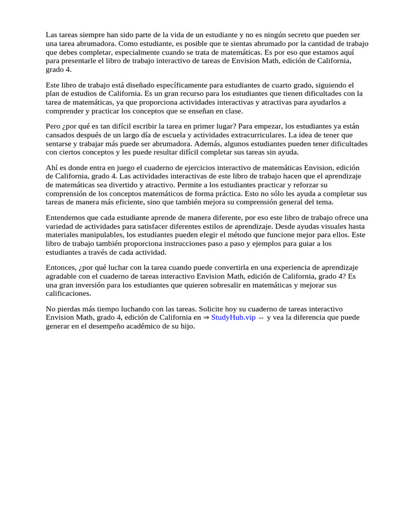 Cuaderno de Tareas Interactivas Envision Math, Grado 4, Edición de California | PDF ...